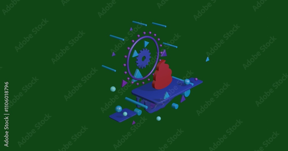 Red poop symbol on a pedestal of abstract geometric shapes floating in ...