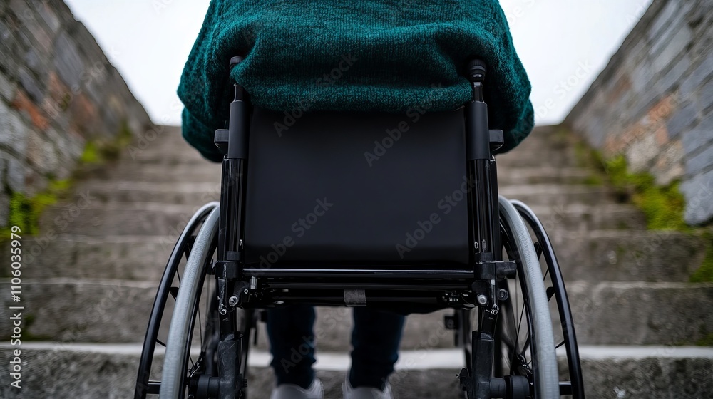 A person in a wheelchair facing a set of steps, wearing a cozy green ...