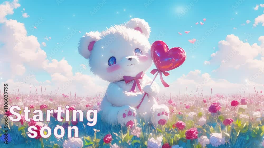 Cute and cuddly bear holding a heart in a dreamy floral landscape ...