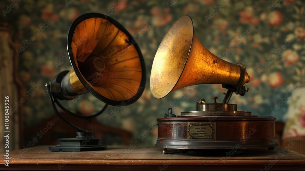 Beautifully preserved vintage wooden and brass gramophone playing ...