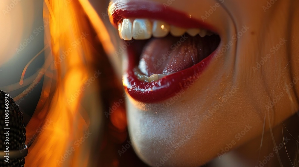 Extreme close up of an open expressive human mouth with bared teeth captured in a dramatic ...
