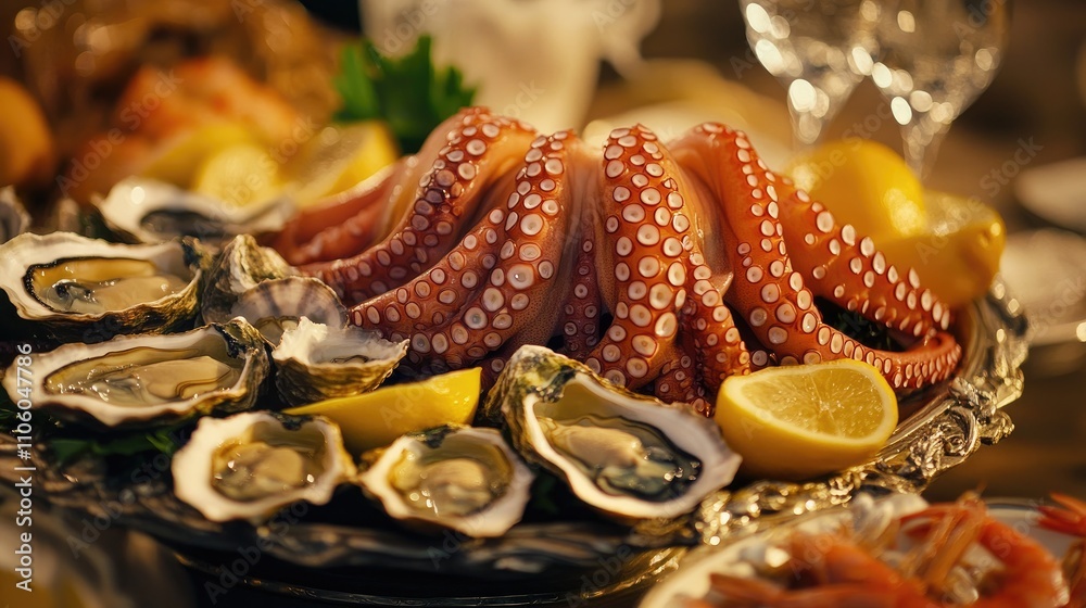 Fresh octopus tentacles draped over the edge of a seafood platter ...