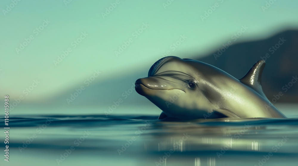 Witness the beauty of a dolphin as it gracefully surfaces in serene ...