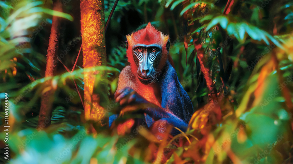 Discover the striking beauty of a colorful baboon nestled amidst lush ...