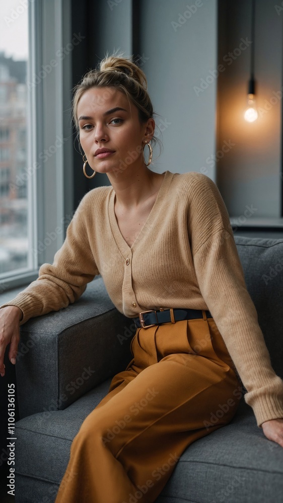 Elegant woman in beige cardigan and mustard trousers sitting by a ...