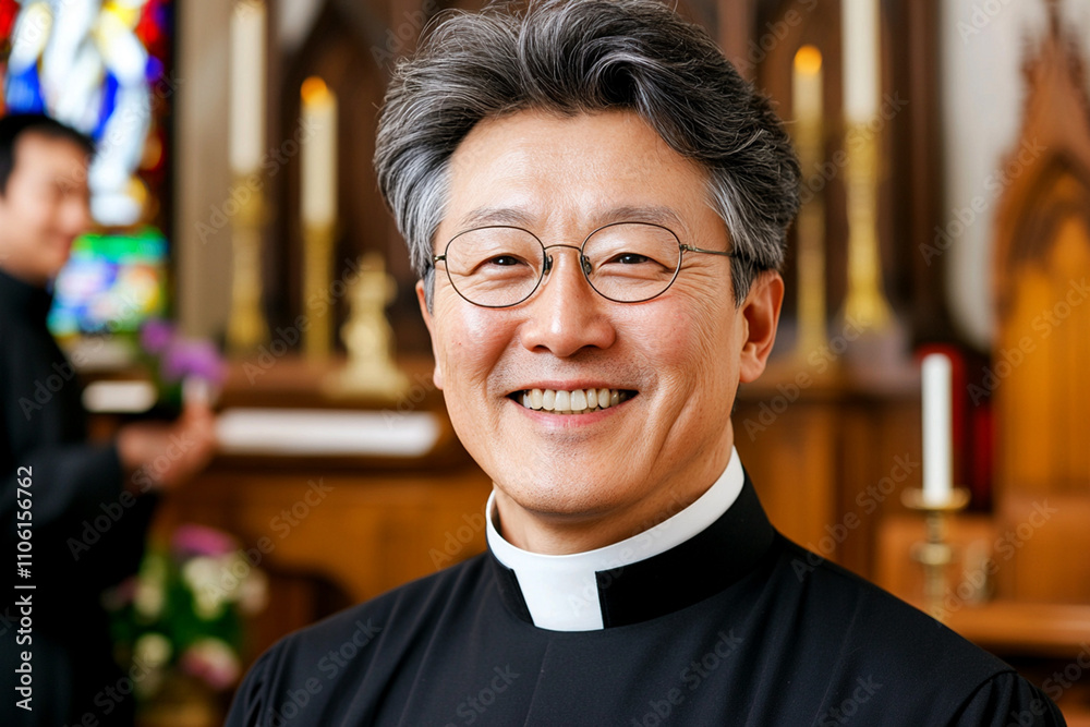 Experienced Korean priest in black clerical robes, standing proudly in ...