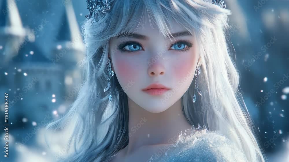 Ice princess with long silver hair, crystal blue eyes, wearing a ...