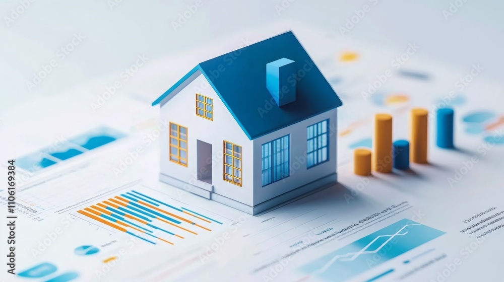 A miniature house model sits on a desk surrounded by colorful graphs ...