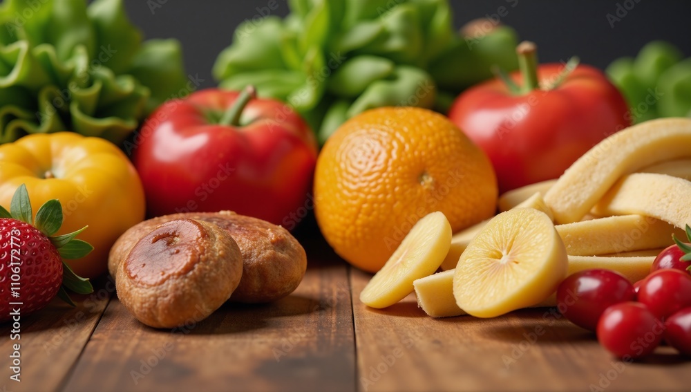 Healthy fruits veggies vs unhealthy fast food sweets and pastries ...