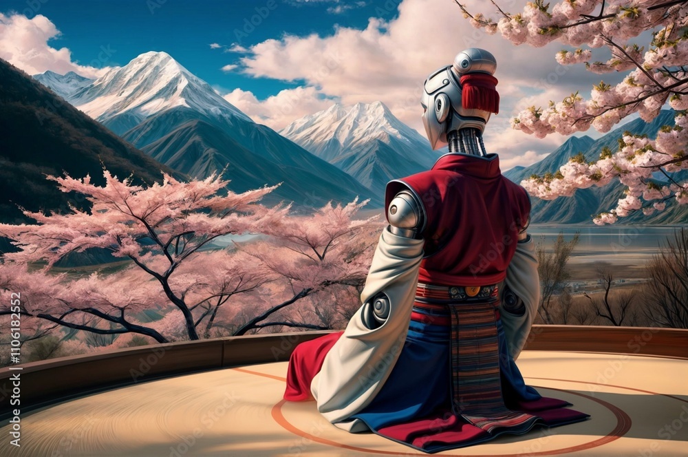 peaceful humanoid robot in kasaya robe with breathtaking mountain view ...