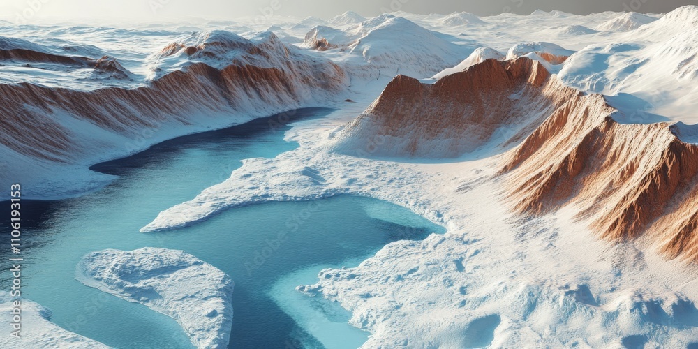 Water On Mars. A Detailed 3D Illustration of a Martian Landscape with ...