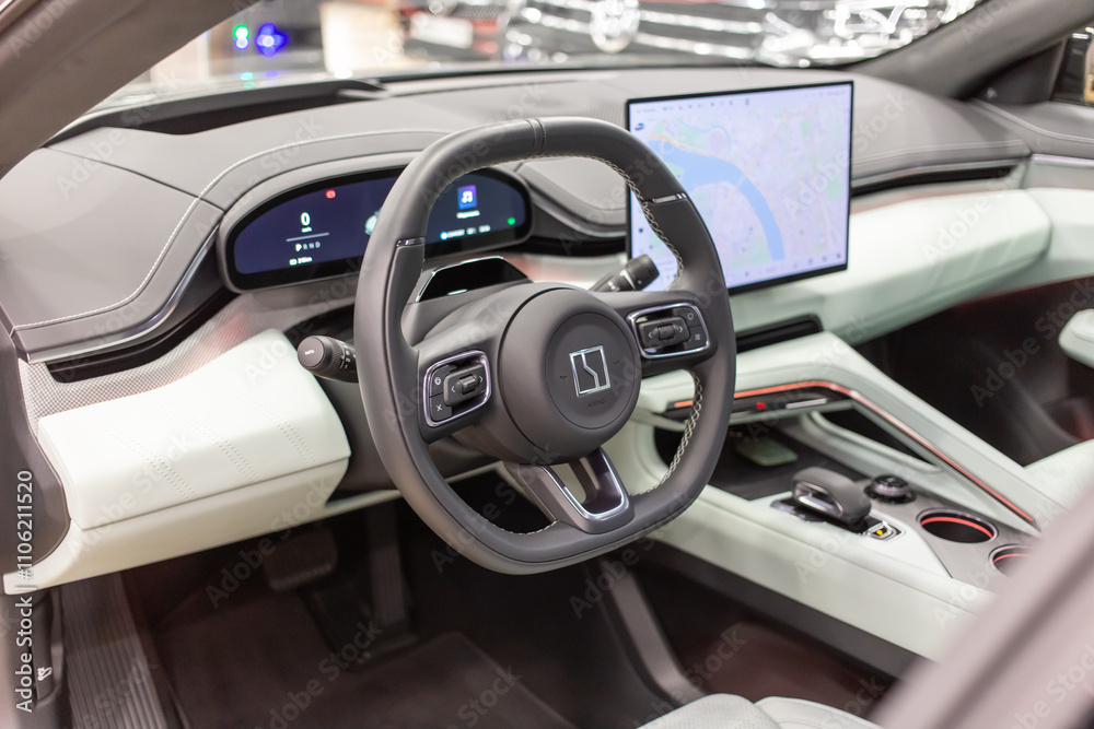 Zeekr brand logo on steering wheel inside Zeekr 001 electric car ...