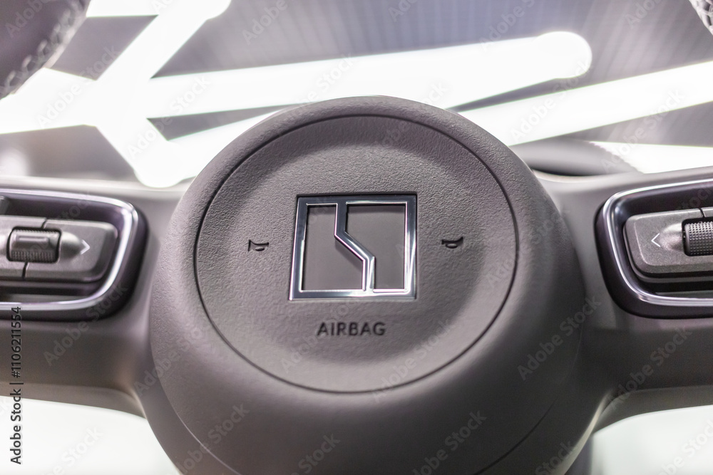 Zeekr brand logo on steering wheel inside Zeekr 001 electric car ... Zeekr brand logo on steering wheel inside Zeekr 001 electric car ...