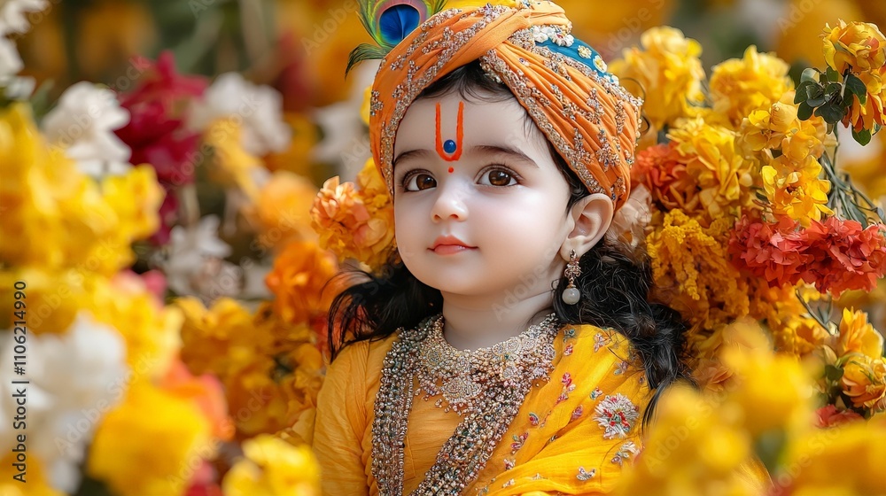 Hindu gods concept. A young child dressed in vibrant traditional attire ...
