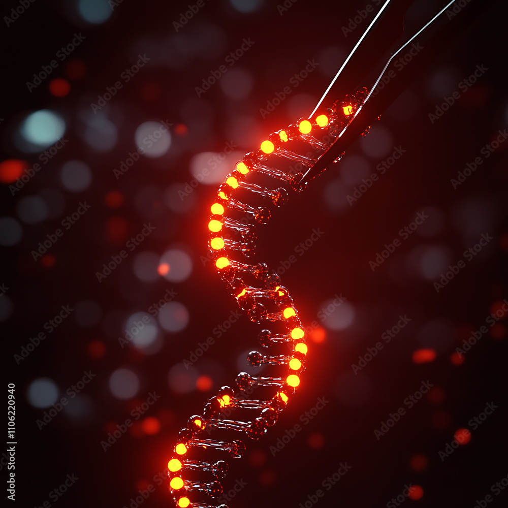 3D DNA Double Helix with Vivid Orange Glow Under Tongs. A captivating ...
