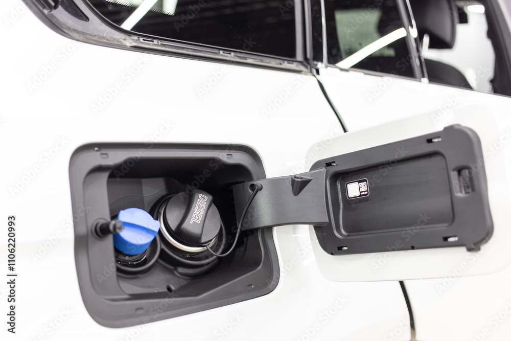 Close up Adblue Diesel exhaust fluid DEF and fuel tank cap. Tank filler ...