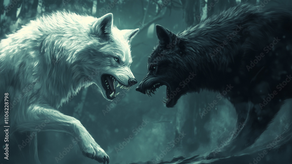 light wolf against dark wolf fight. white wolf fighting against black wolf, good versus evil ...
