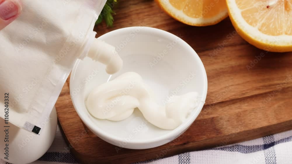 Pouring mayo white creamy sauce close-up in cafe restaurant. Cooking ...