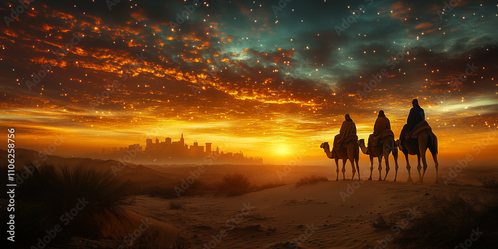 Three Wise Men Traveling Through the Desert, Following the Star of ...