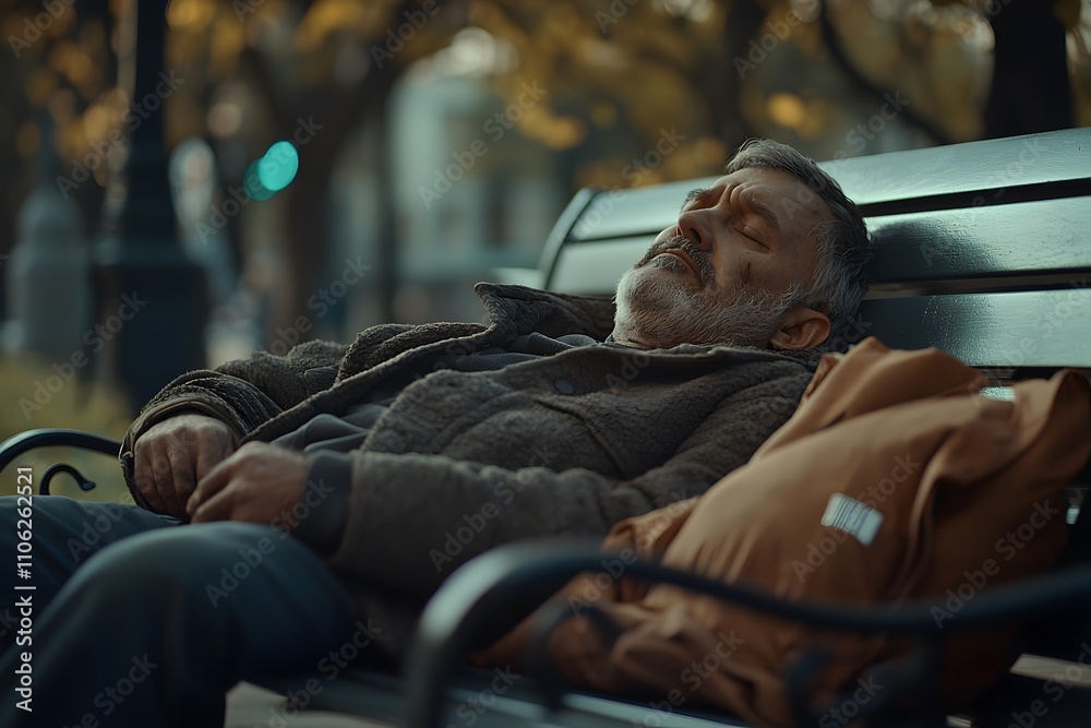 Homeless man lying on a park bench, wrapped in a blanket, surrounded by ...