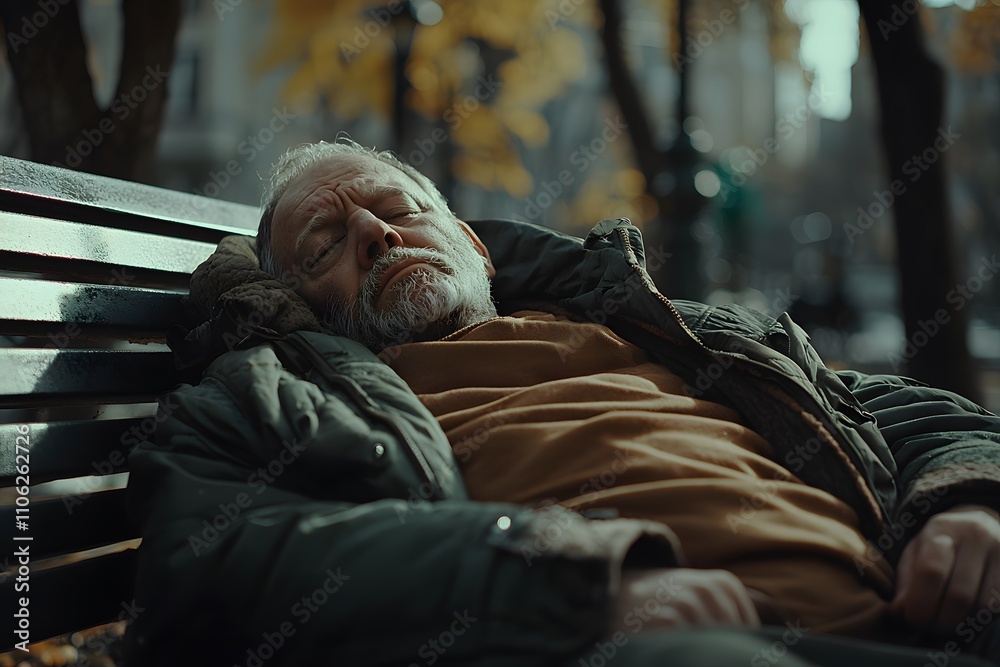 Homeless man lying on a park bench, wrapped in a blanket, surrounded by ...
