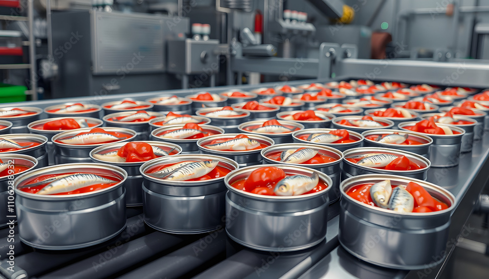 Canned fish factory. Food industry. Sardines in red tomato sauce in ...