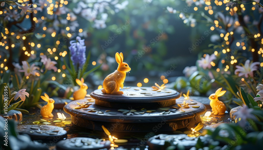 Easter golden bunny product display podium mock up, moonlit spring flower garden filled with ...