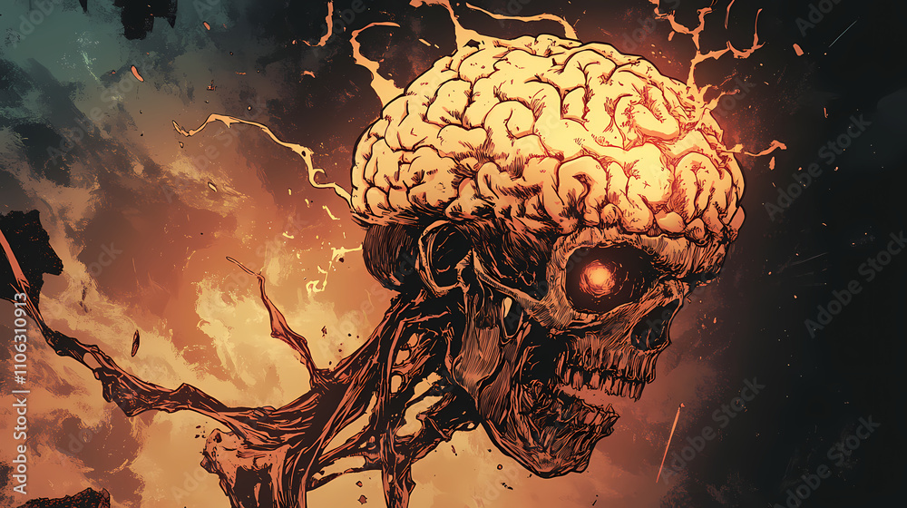 Mutated zombie brain with eldritch dark energy in graphic novel style with contrasting shadows ...