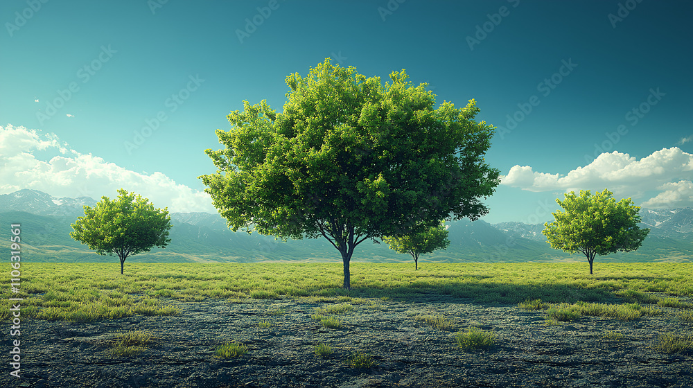 A landscape showing a barren land transitioning into a lush green ...