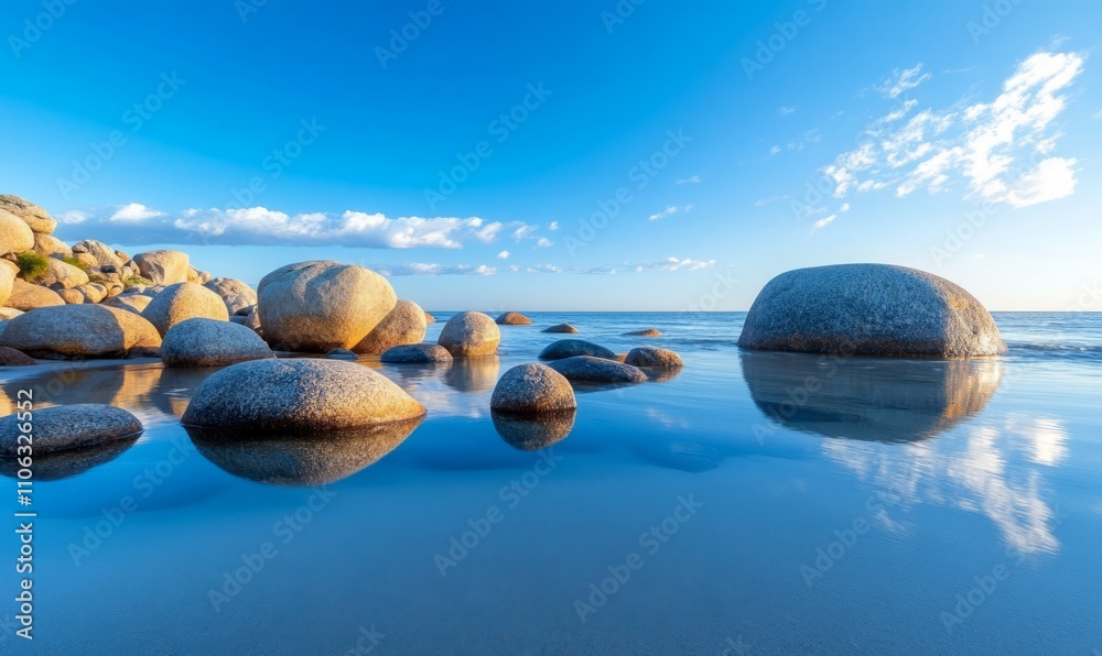 Smooth, round boulders dot the shoreline of a calm beach, reflecting ...
