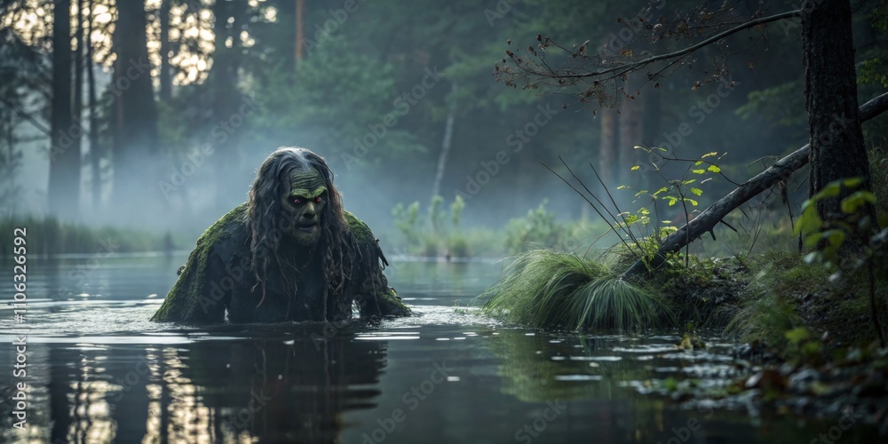 Mysterious creature emerges from misty forest pond during twilight ...