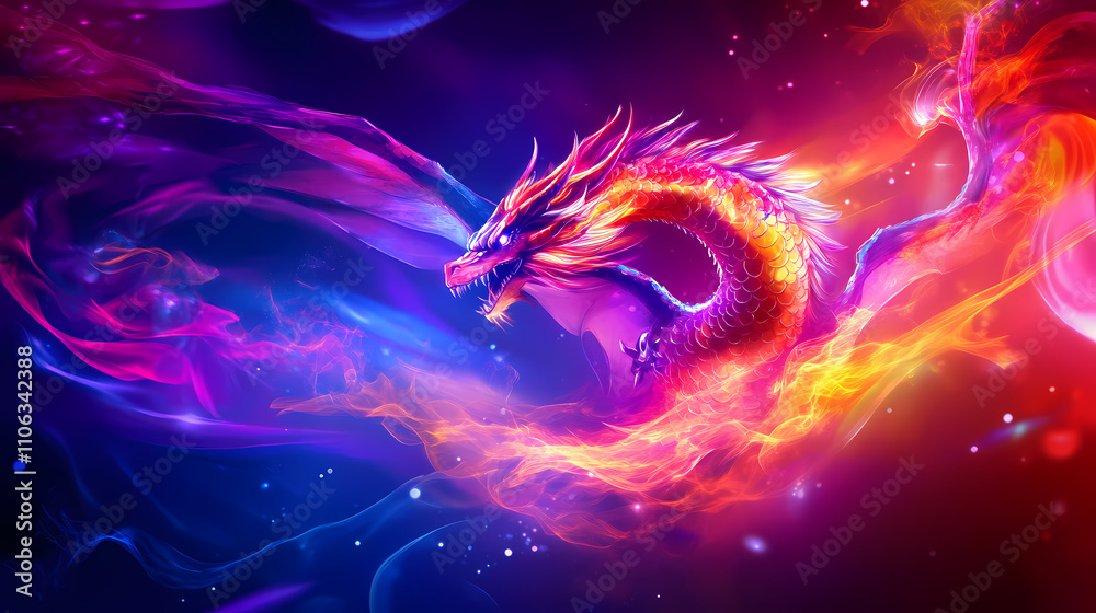 Magnificent dragon with radiant, iridescent scales and fiery breath ...
