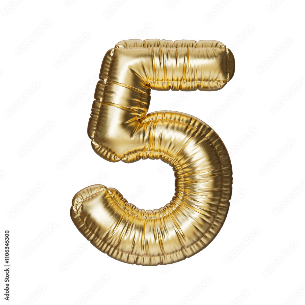 5. Golden number five in the shape of a balloon, isolated on a ...