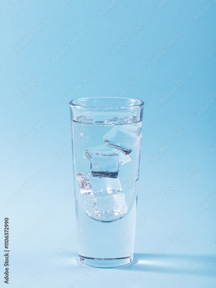 Glass of pure cold sparkling water with ice cubes on light blue background. Free space for text ...