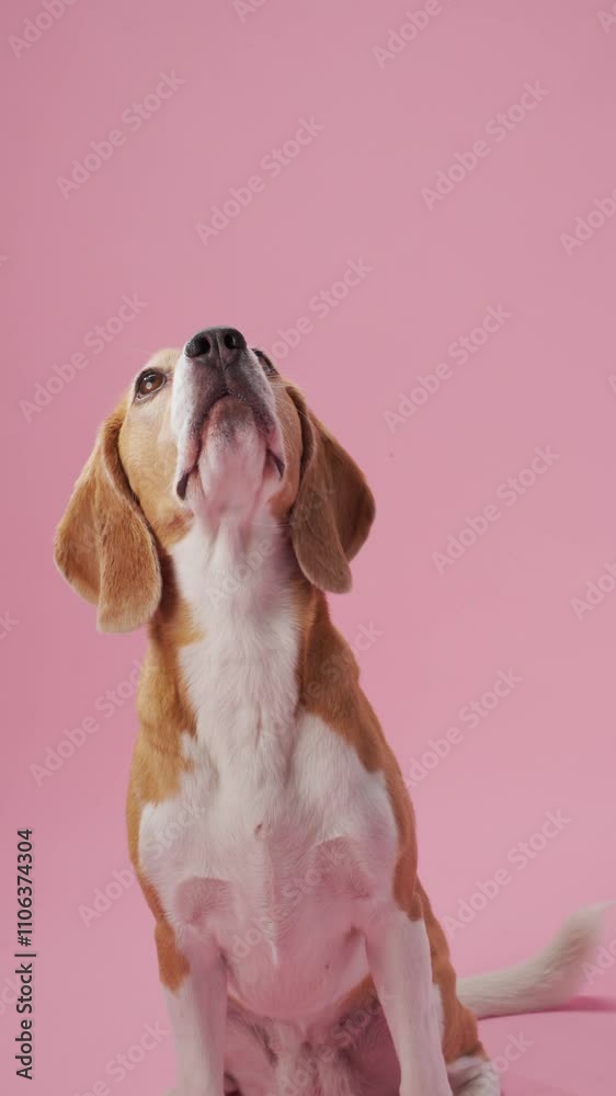 A Beagle balances on its hind legs against a pink background, looking ...