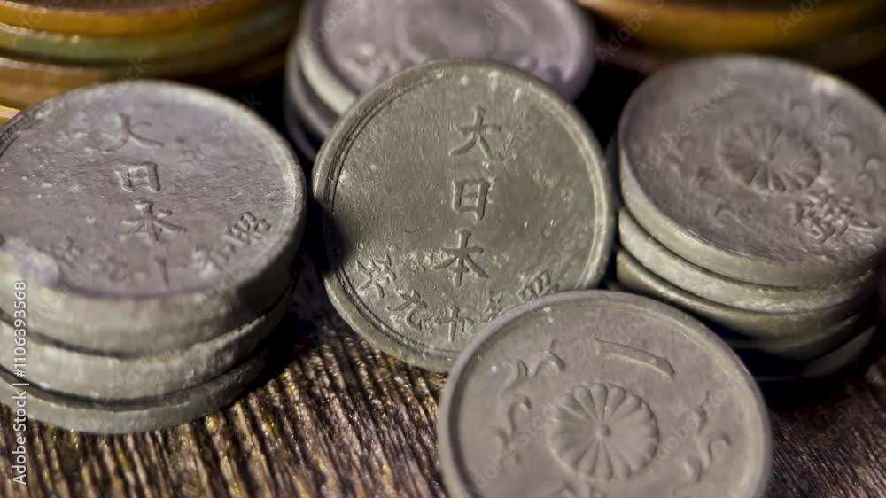 Collection of ancient Japanese coins from the Showa era of the Hirohito ...