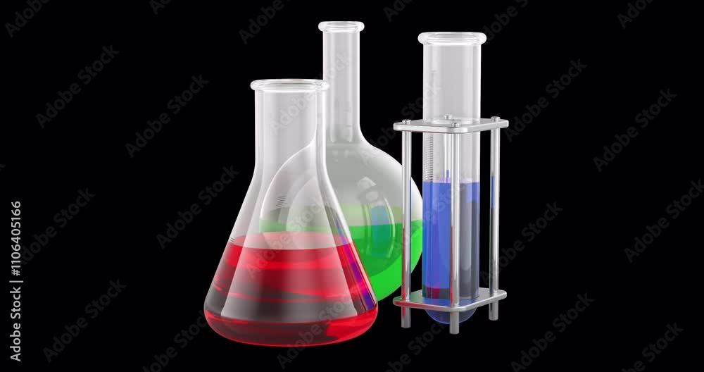 Set of chemical flasks with colored liquid rotation animation ...
