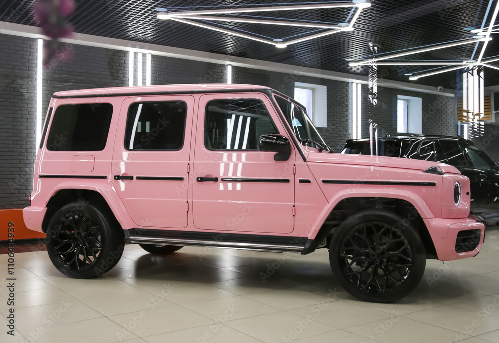 Brabus G Wagon. Pink Mercedes Benz G63 AMG, side view. Mercedes Benz G SUV Brabus tuning car ...