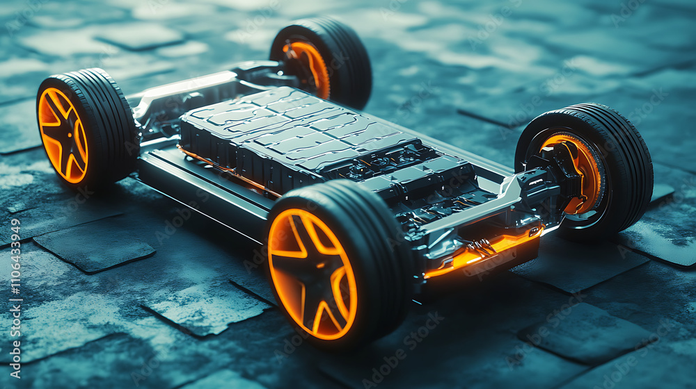 An EV battery concept is closely viewed in 3D rendering, providing ...