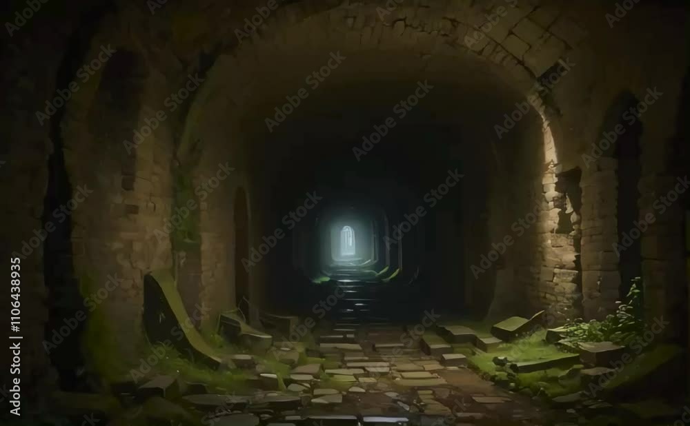 A dark, foreboding tunnel stretches into the unknown, its walls lined ...
