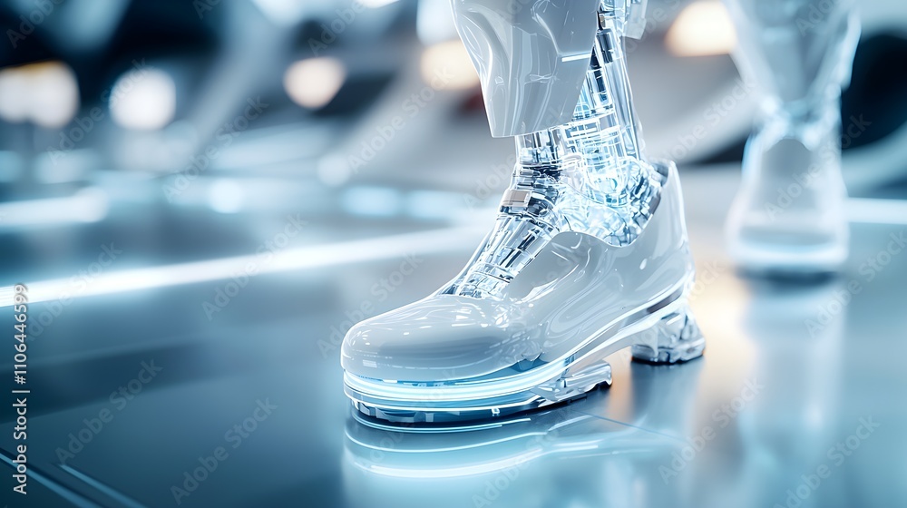 Futuristic robot with a broken leg using a metallic cane, hobbling down ...