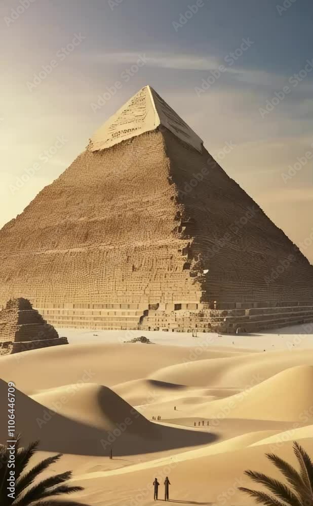A breathtaking view of the Great Pyramid of Giza under a golden sunset ...