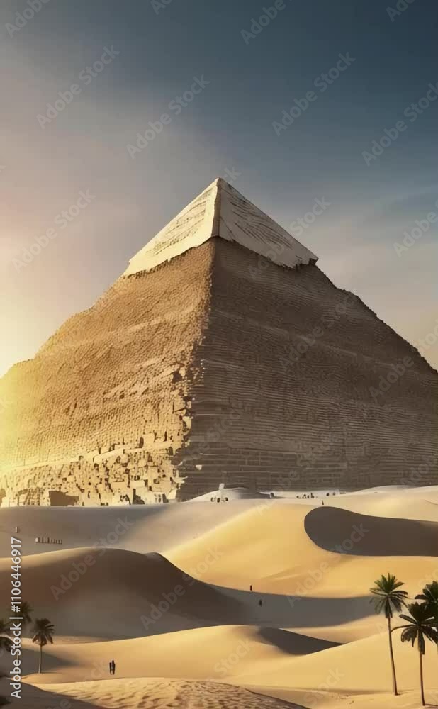 A breathtaking view of the Great Pyramid of Giza under a golden sunset ...