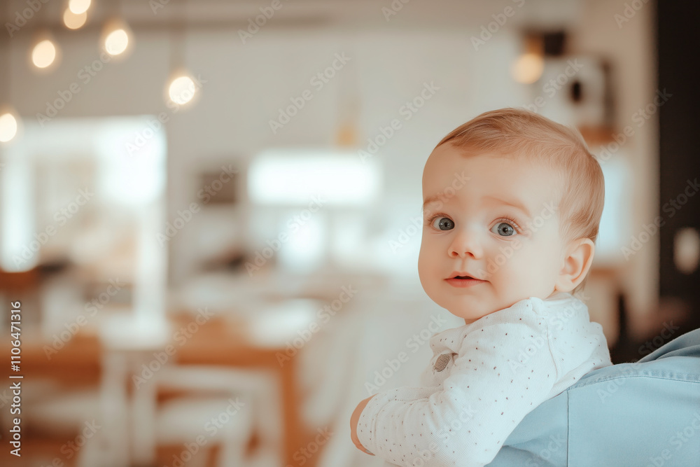 Baby looking over an adult's shoulder with curious wide eyes in a ...