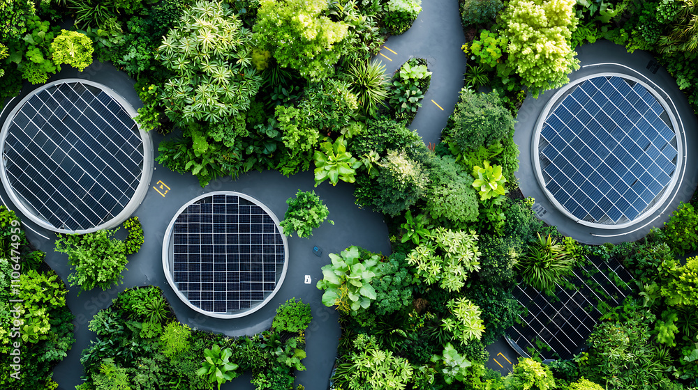 Eco friendly shopping mall with solar panels surrounded by lush ...