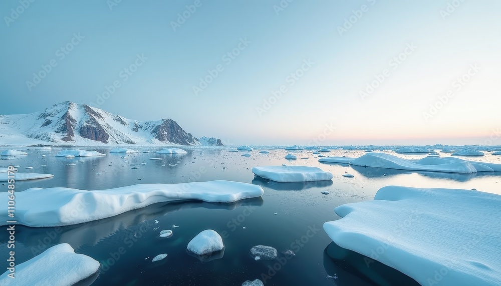 Arctic shoreline with ice formations and a soft blue sky, leaving ample ...