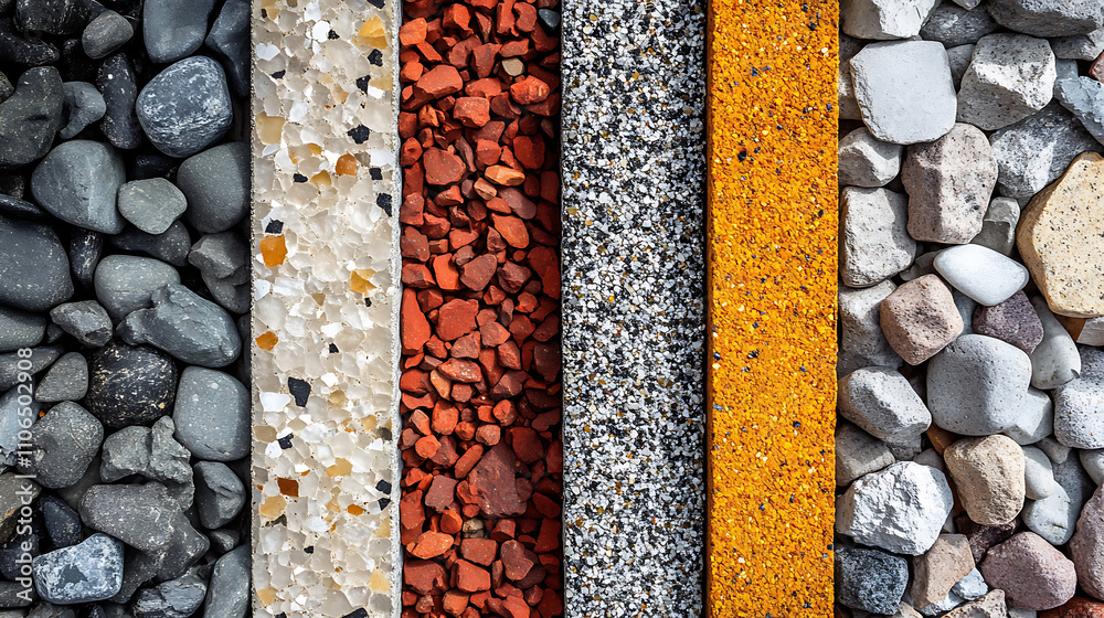 Exposed aggregate concrete with different colored pebbles in close-up ...