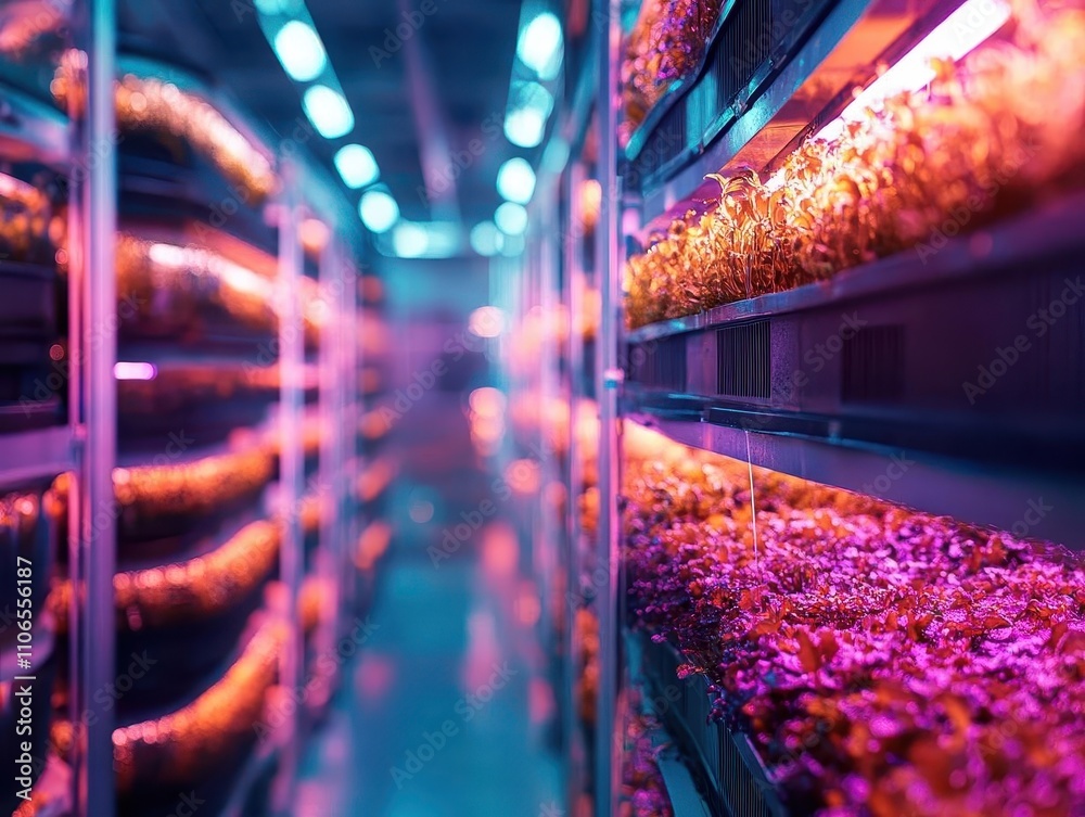 Automated mariculture farm with seaweed growing in rows, futuristic ...