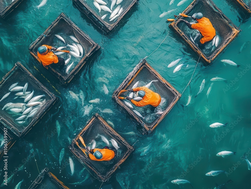 Workers harvesting fish from aquaculture pens, modern equipment ...