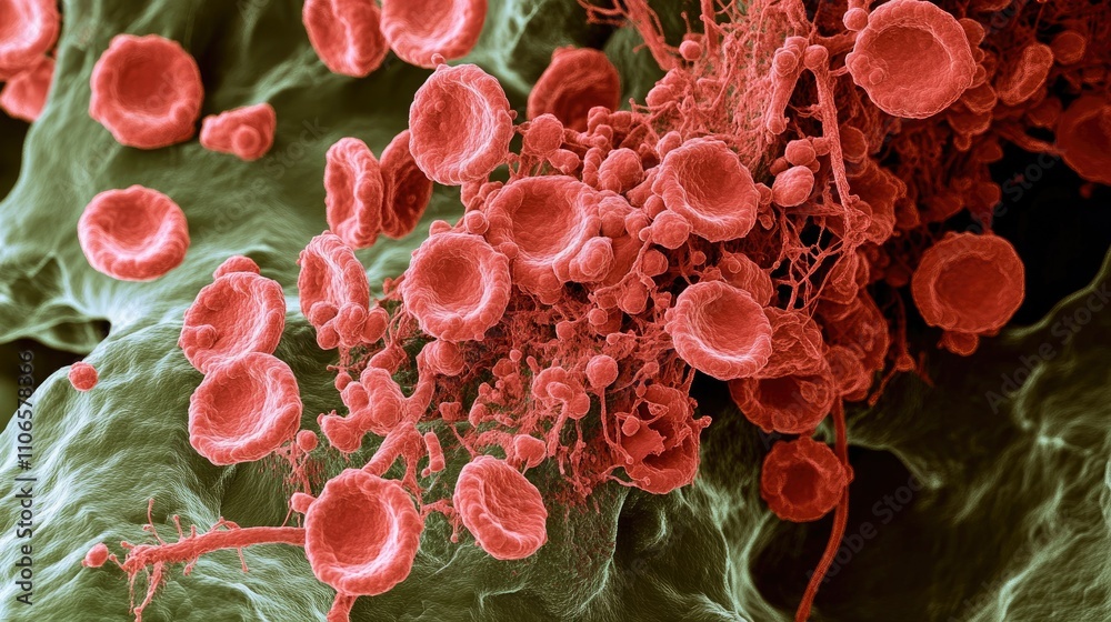 Red blood cells in a human blood vessel, captured in vibrant detail ...